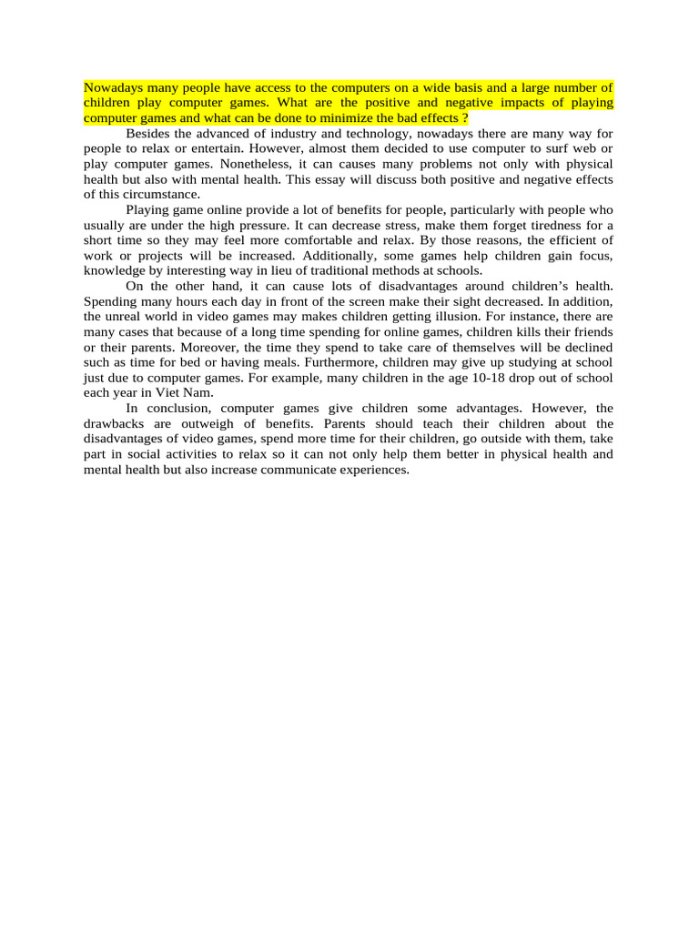the positive and negative impacts of playing computer games | PDF