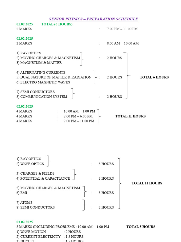SR Physics - Preparation Schedule | PDF | Electricity | Electromagnetic ...