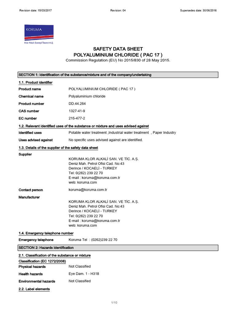 Safety Data Sheet Polyaluminium Chloride (Pac 17) : Commission ...