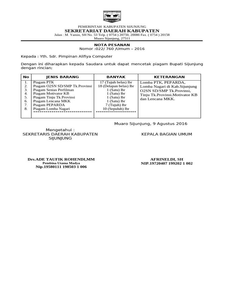 Nota Pesanan Piagam Bupati Sijunjung | PDF