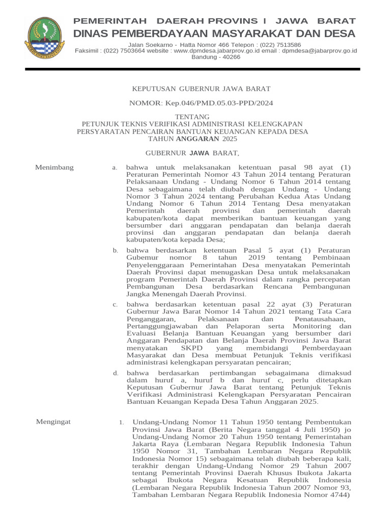 Kepgub 046-2024 Tentang Juknis Bankeu 2025 Dan Lampiran | PDF