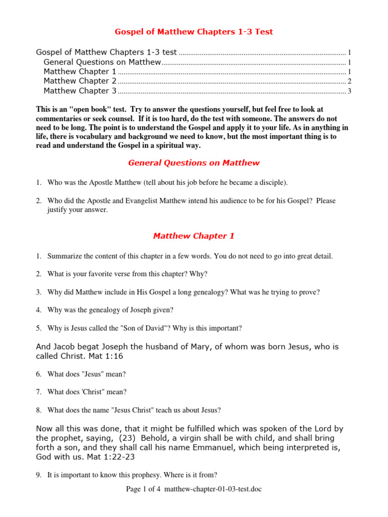 Matthew Chapters 1-3 Test | PDF | Jesus | Gospel Of Matthew