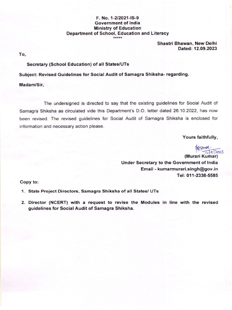 Revised Guidelines For Social Audit of Samagra Shiksha | PDF | Audit