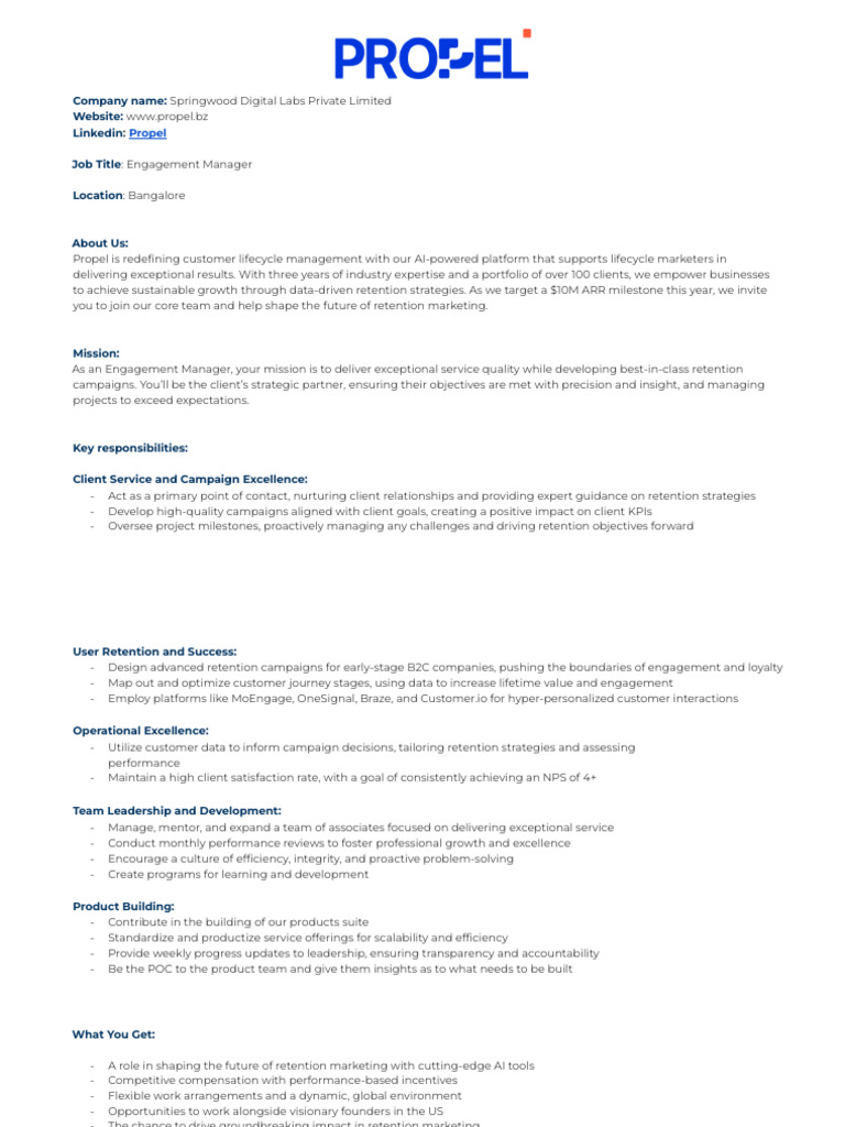 Propel Engagement Manager - JD | PDF | Employee Retention | Leadership