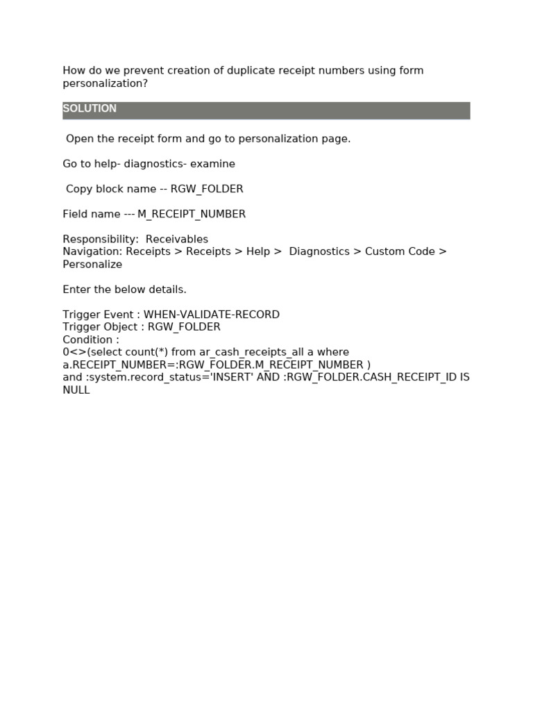 How Do We Prevent Creation of Duplicate AR Receipt Numbers Using Form ...