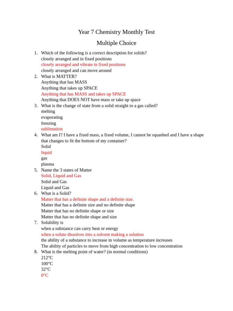 Year 7 Chemistry Test: Matter & Properties | PDF | Gases | Liquids