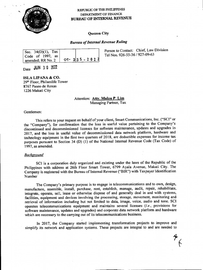 BIR Ruling 335-2022 Deductible Loss | PDF