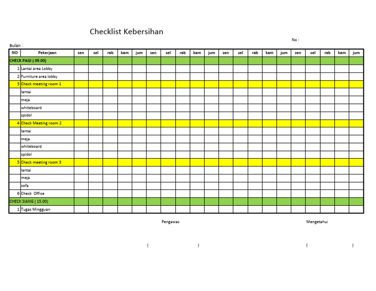 checklist Kebersihan | PDF