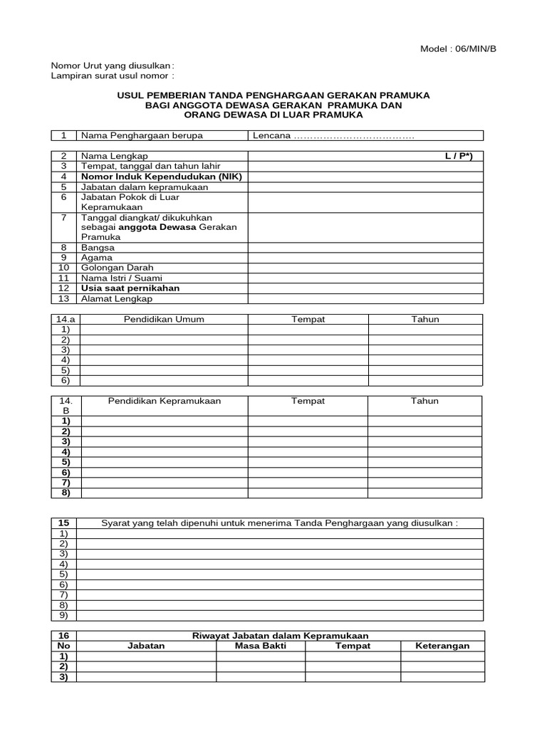 PUSDIKLATCAB-Formulir Tanda Penghargaan Orang Dewasa Tahun 2024 | PDF