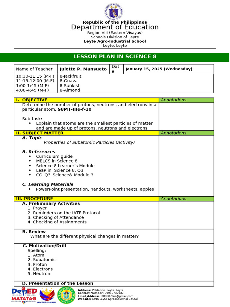 Properties of Subatomic Particles-Activity | PDF | Atoms | Matter