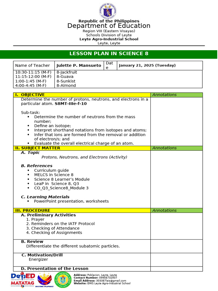 Protons, Neutrons, & Electrons-Activity-Lp-Q3 | PDF | Atoms | Proton