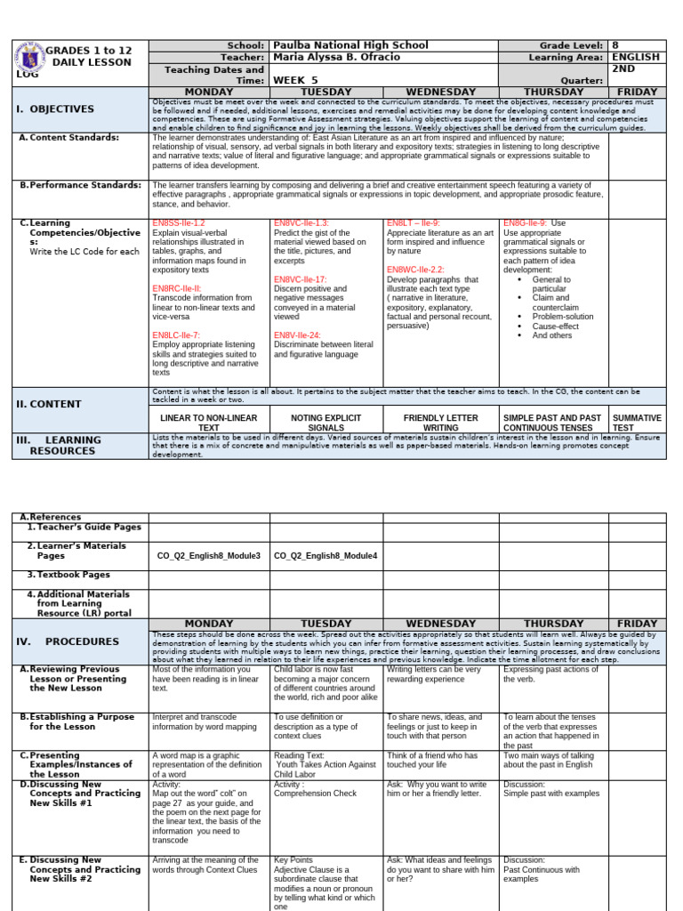 DLL-ENG8-2NDQ-5th-week Edited | PDF | Learning | Adjective