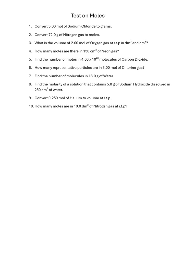 Moles Conversion and Calculation Test | PDF
