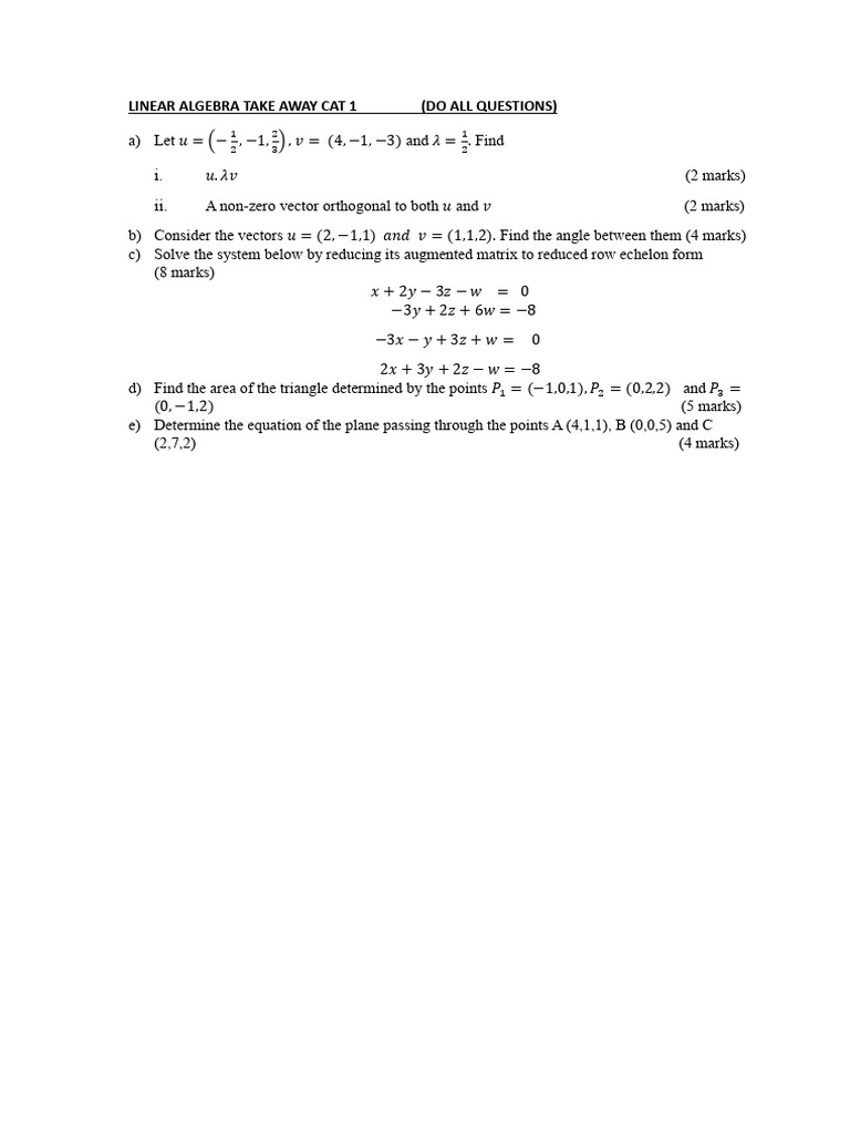 LINEAR ALGEBRA TAKE AWAY CAT 1 | PDF