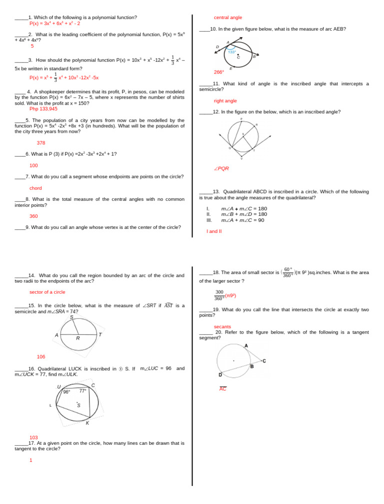 math-10-q2-reviewer | PDF | Circle | Area