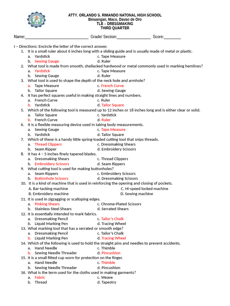 TLE-8-Exam-3rd - Dressmaking-With-Answer-Key | PDF | Sewing Machine | Sewing