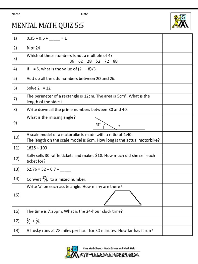 Grade 5 Mental Math Quiz | PDF | Area | Euclidean Geometry