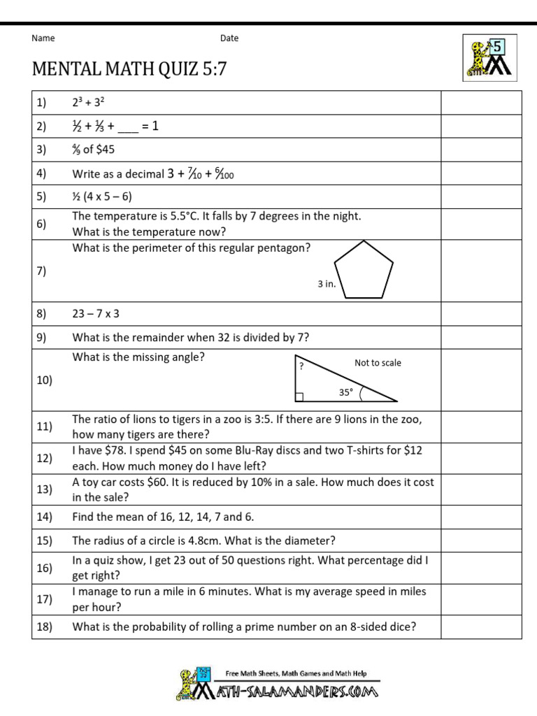 Mental Math 5th Grade 7 | PDF | Circle | Elementary Geometry