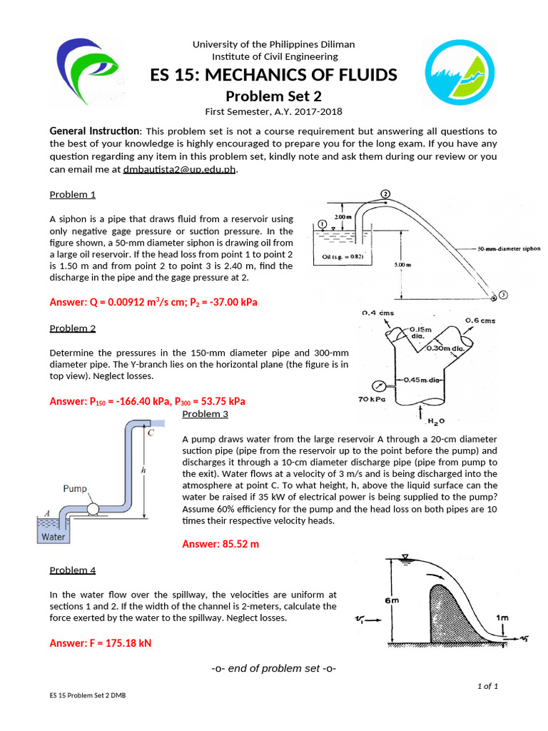 Fluid Mechanics Problem Set 2 | PDF | Pump | Pressure