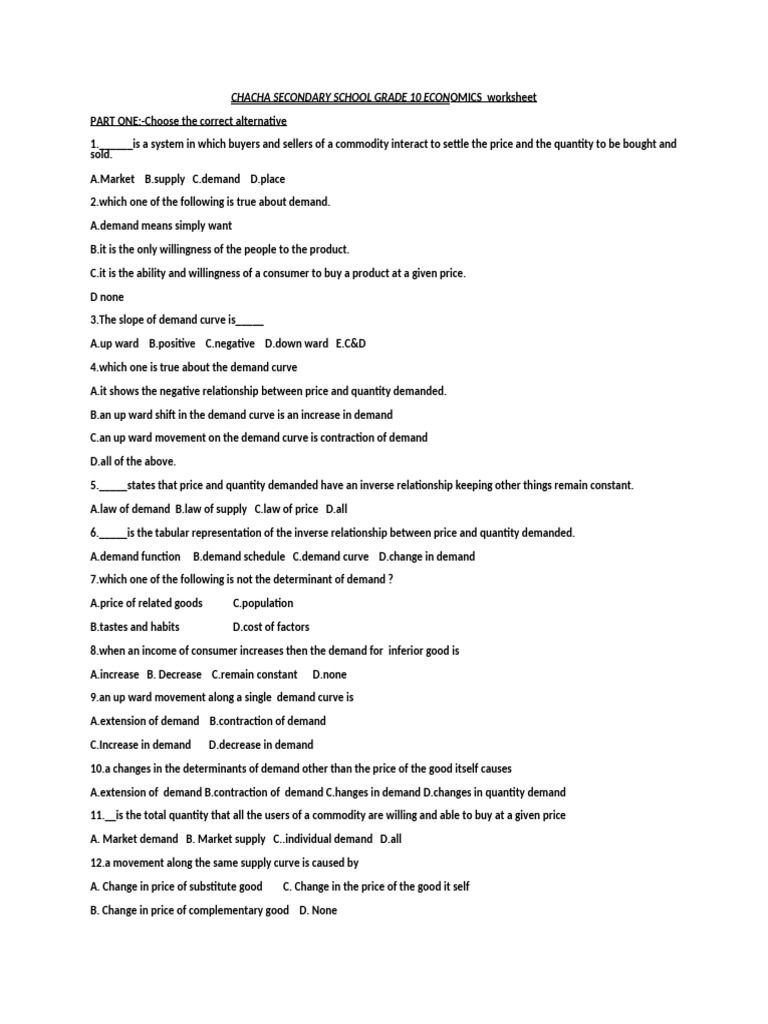Grade 10 Work Sheet | PDF | Demand | Utility