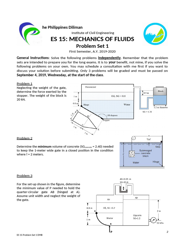 Fluid Mechanics Problem Set 1 | PDF | Motion (Physics) | Dynamics (Mechanics)
