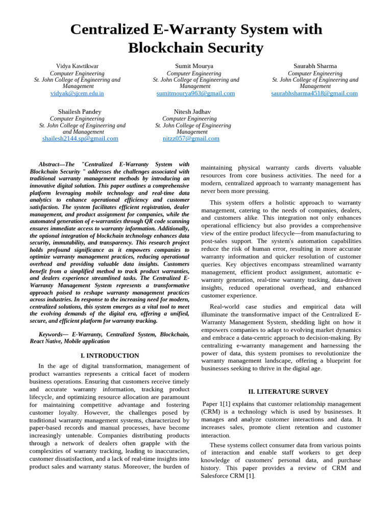 Centralized E-Warranty System With Blockchain Security | PDF | Mobile App | Information Technology