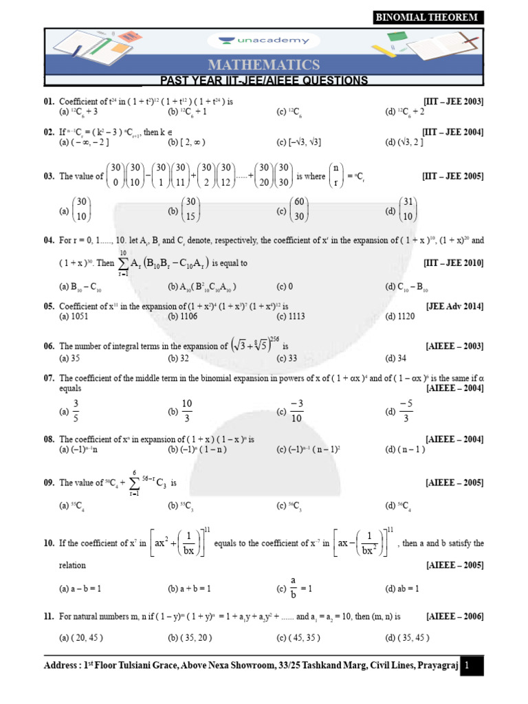 Binomial Theorem PYQ Unacademy | PDF | Numbers | Rational Number