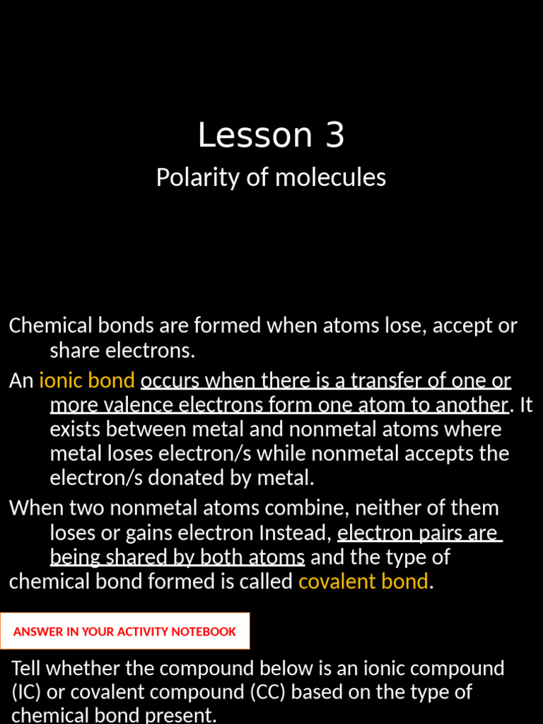 Lesson 3 POLARITY OF MOLECULES FINAL | PDF | Chemical Polarity ...