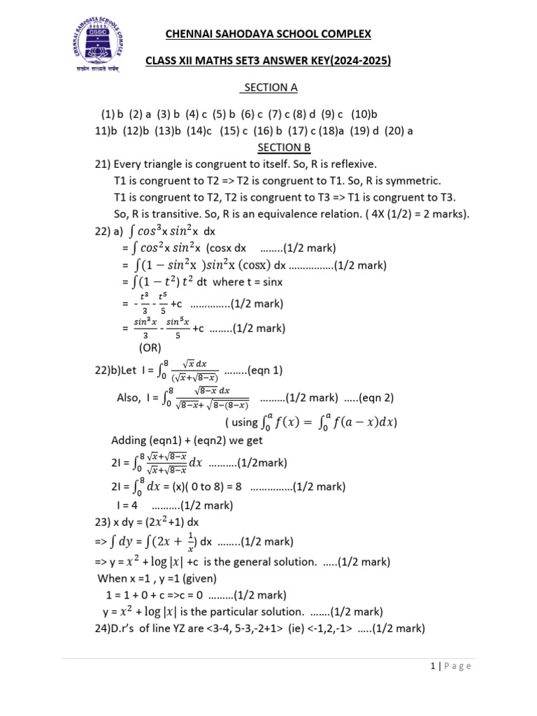 Class 12 - MATHS Chennai Sahodaya Ak - SET 3 | PDF | Inequality ...