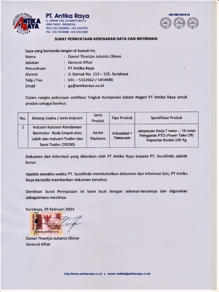 Surat Pernyataan Kebenaran Data & Informasi - Aerial Platform PT Antika ...
