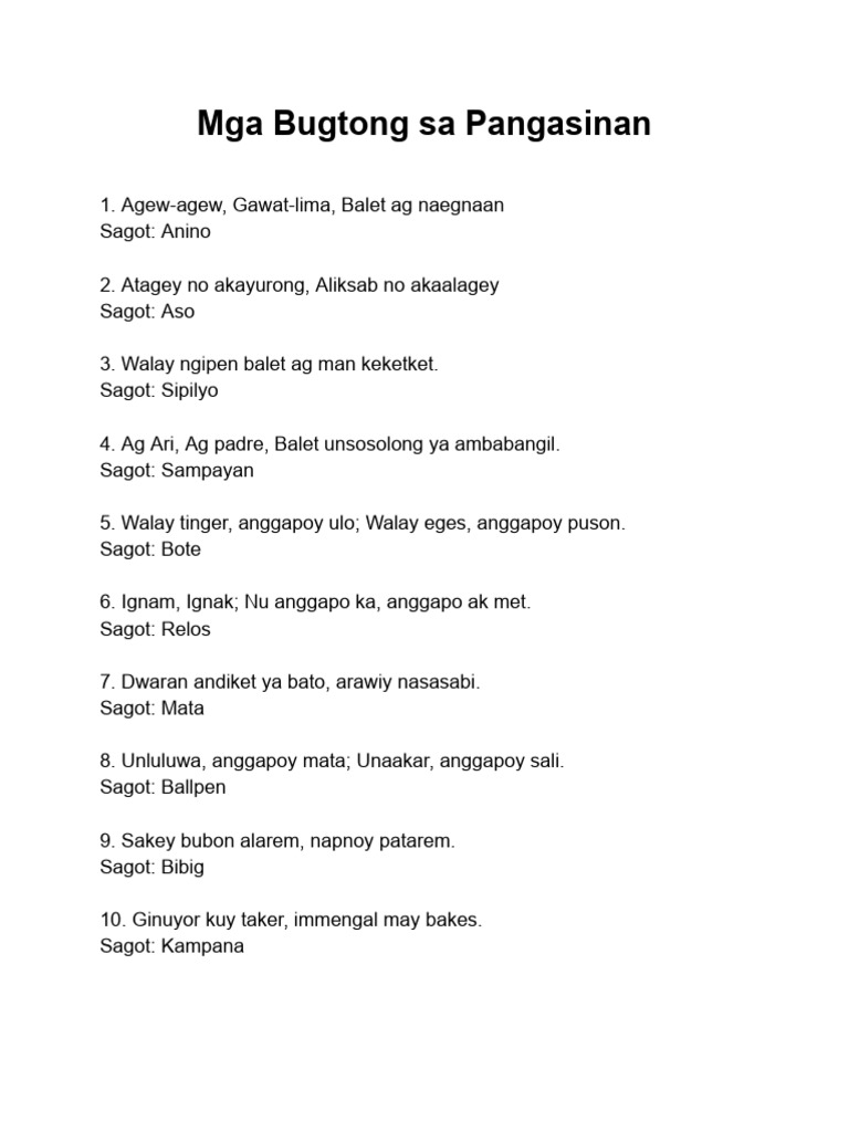 Mga Bugtong Sa Pangasinan | PDF
