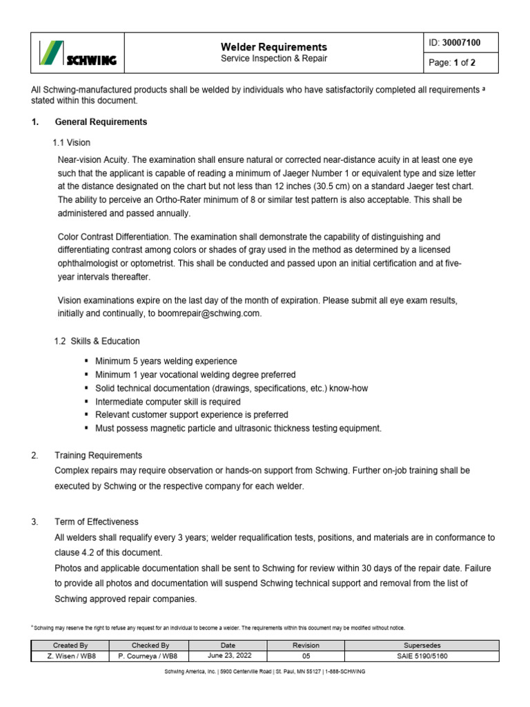 30007100-05 Welder Requirements | PDF | Welding | Construction