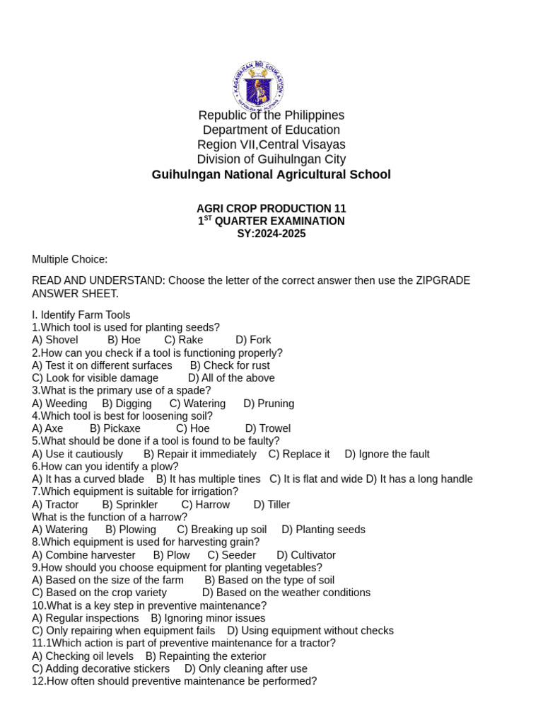 TQ of Agricrop Poduction Grade 11 | PDF | Plough | Waste