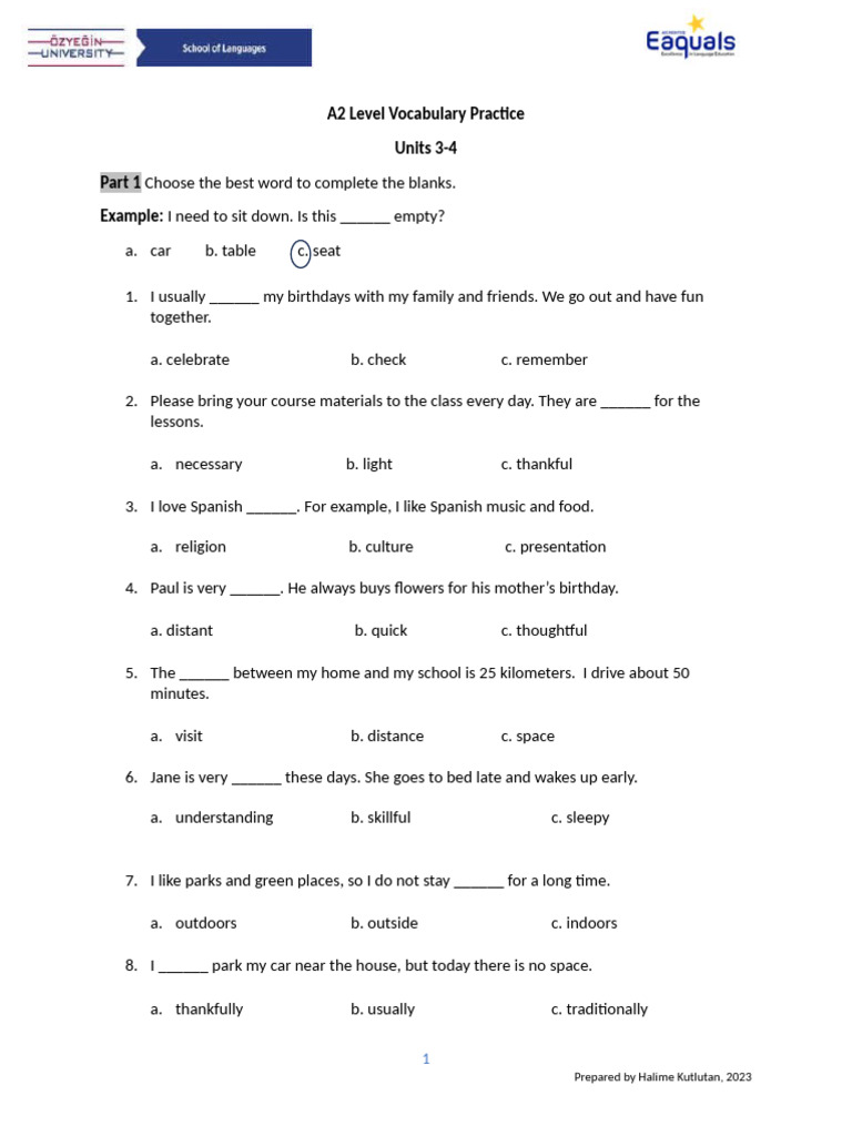 A2 Level Productive Vocabulary Practice Unit 3 and 4 | PDF