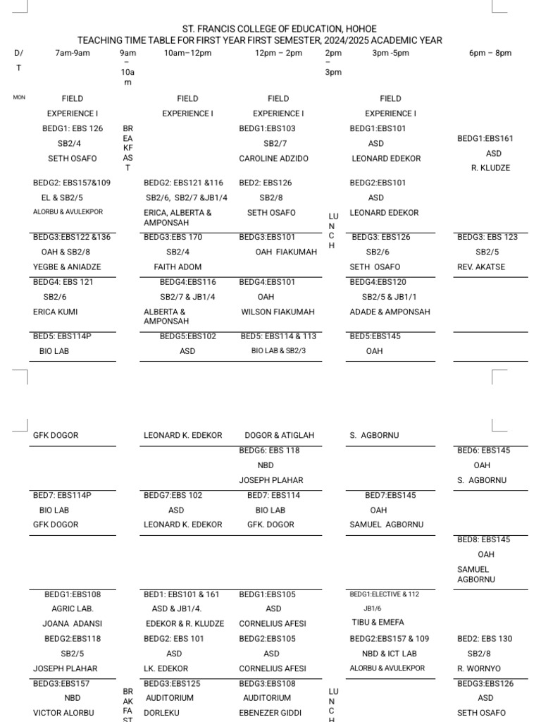 2024 - 2025 LECTURE TIME- TABLE, FIRST YEAR, 1ST SEM | PDF