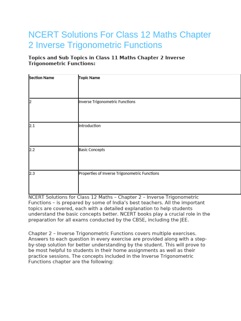 Class 11 Trignometry Inverse Functions Cbsemaths Solutions Pdf
