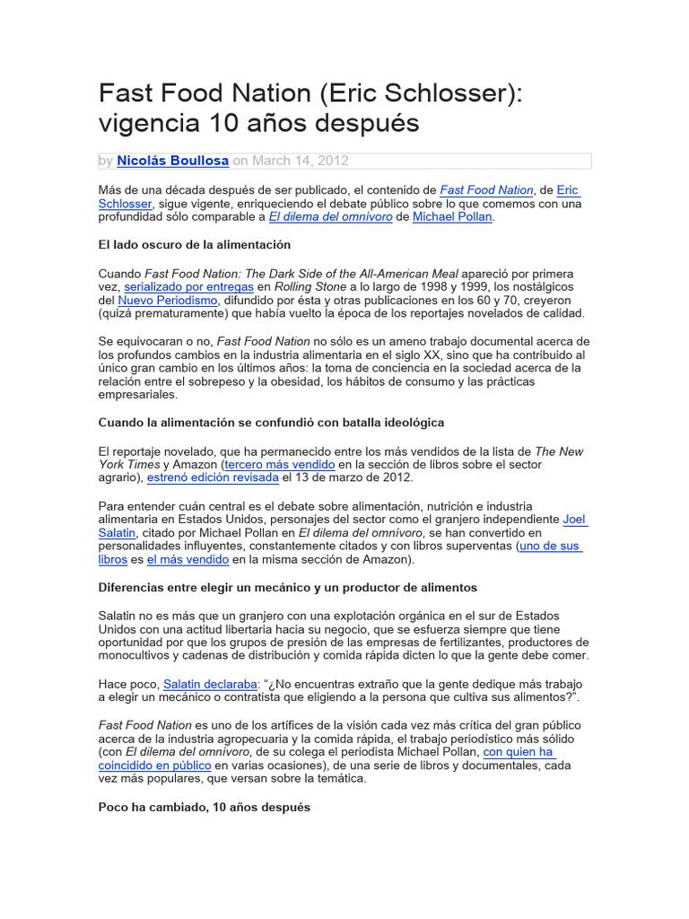 Vigencia de "Fast Food Nation" hoy | PDF | Alimentos | Comida rápida