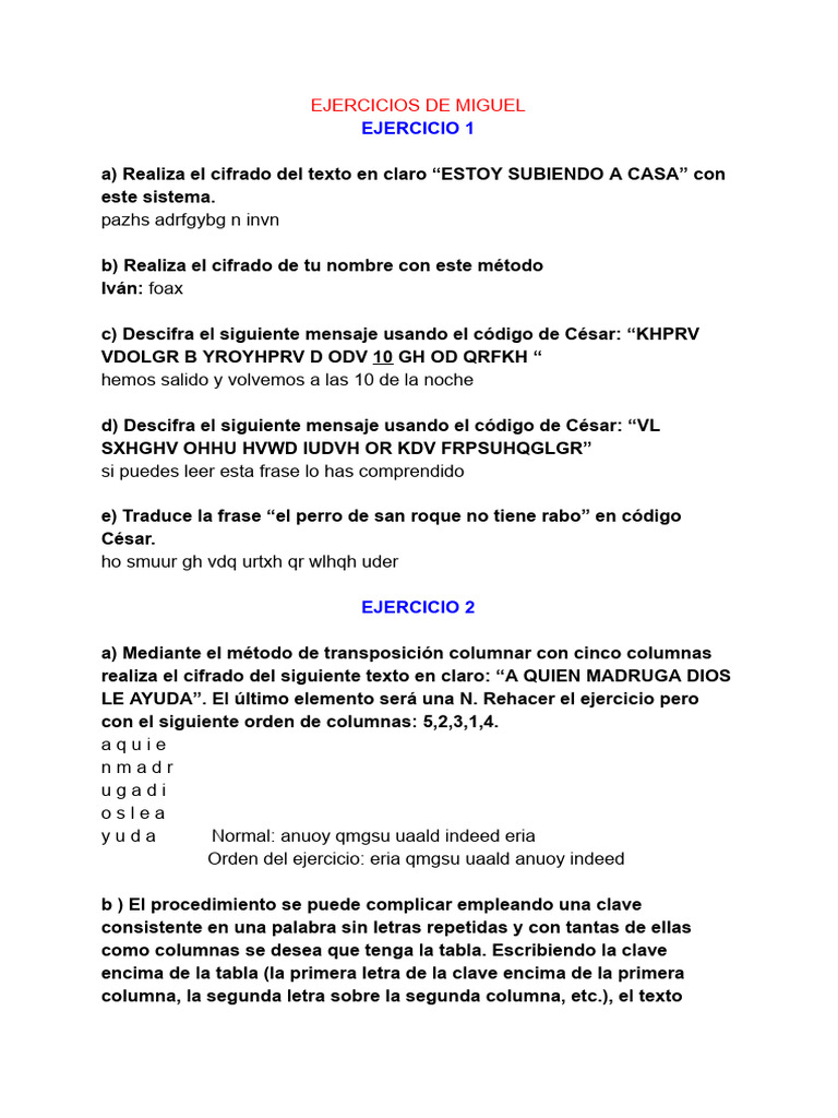 EJERCICIOS DE MIGUEL de Criptografía | PDF | Clave (criptografía) | Cifrado