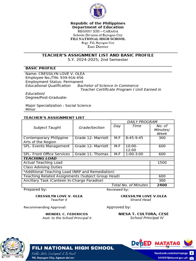 TEACHERS PROGRAM TEMPLATE SY 2024 2025 2nd Sem | PDF