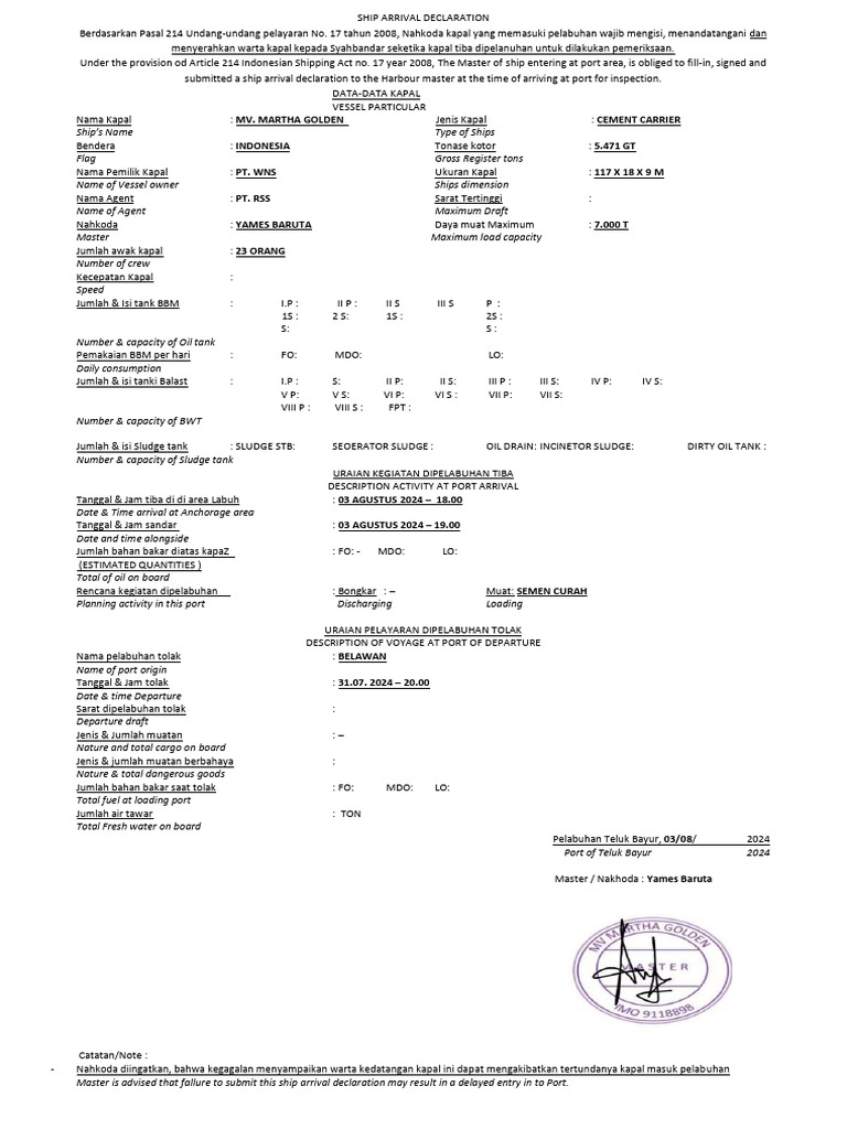 SHIP ARRIVAL DECLARATION LOKAL | PDF