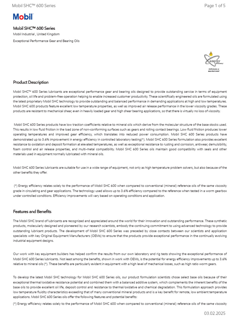 Mobil-SHC-600-Series - PDS | PDF | Friction | Lubricant