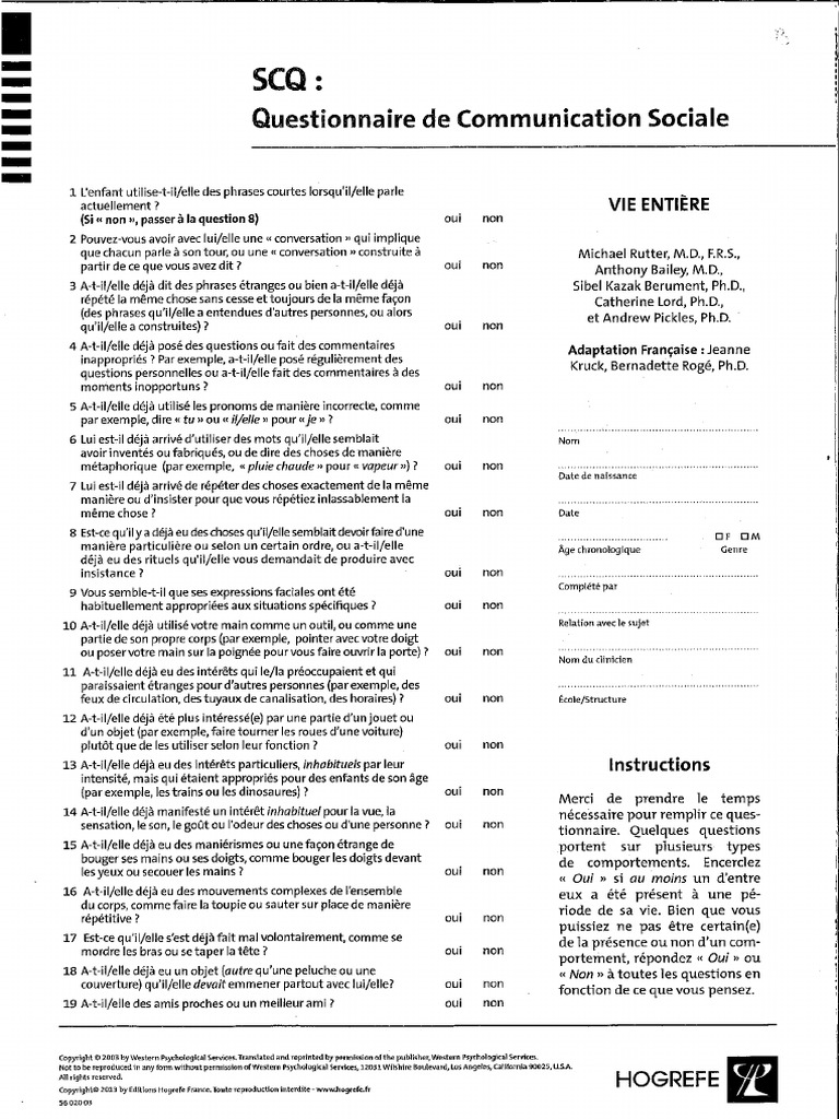 SCQ Questionnaire Adulte | PDF