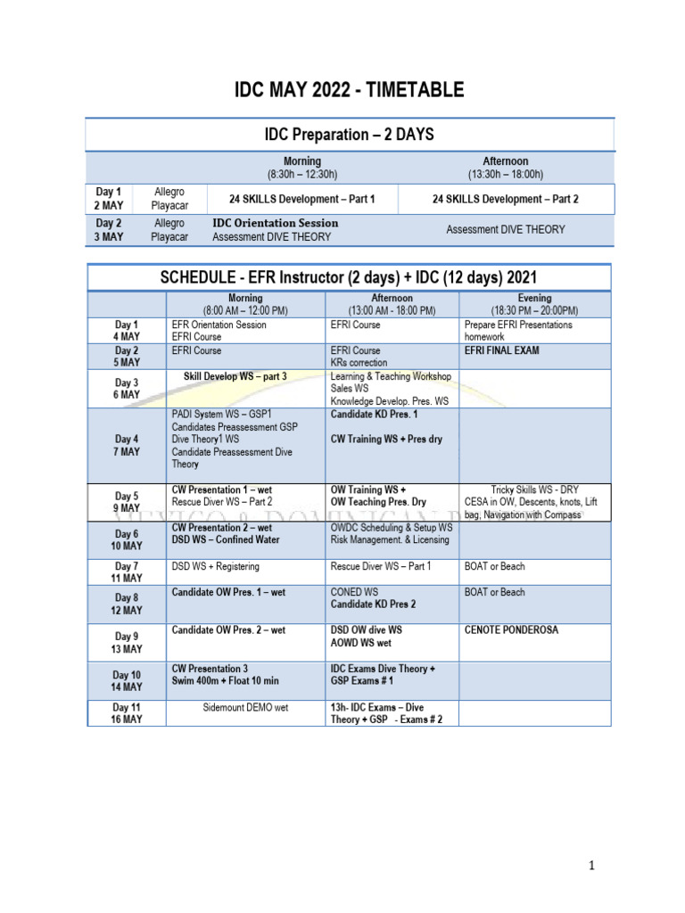 IDC Time Table MAY 2022 - PDI | PDF | Underwater Diving Procedures ...