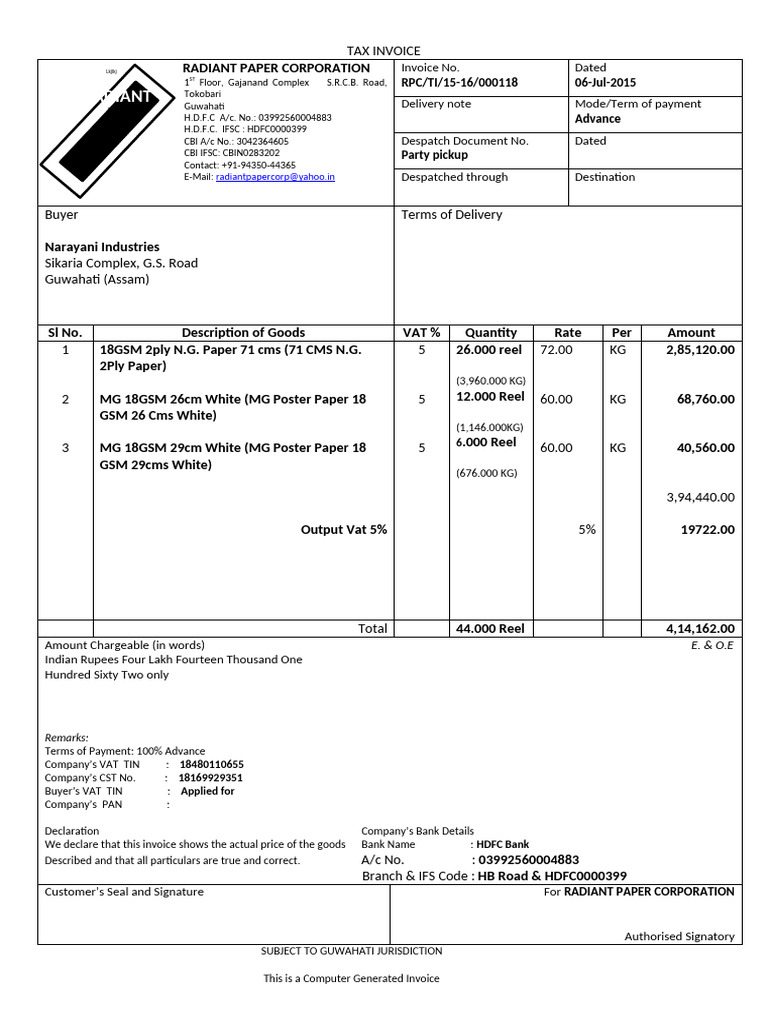 Radiant Paper Corporation Tax Invoices | PDF | Invoice | Value Added Tax