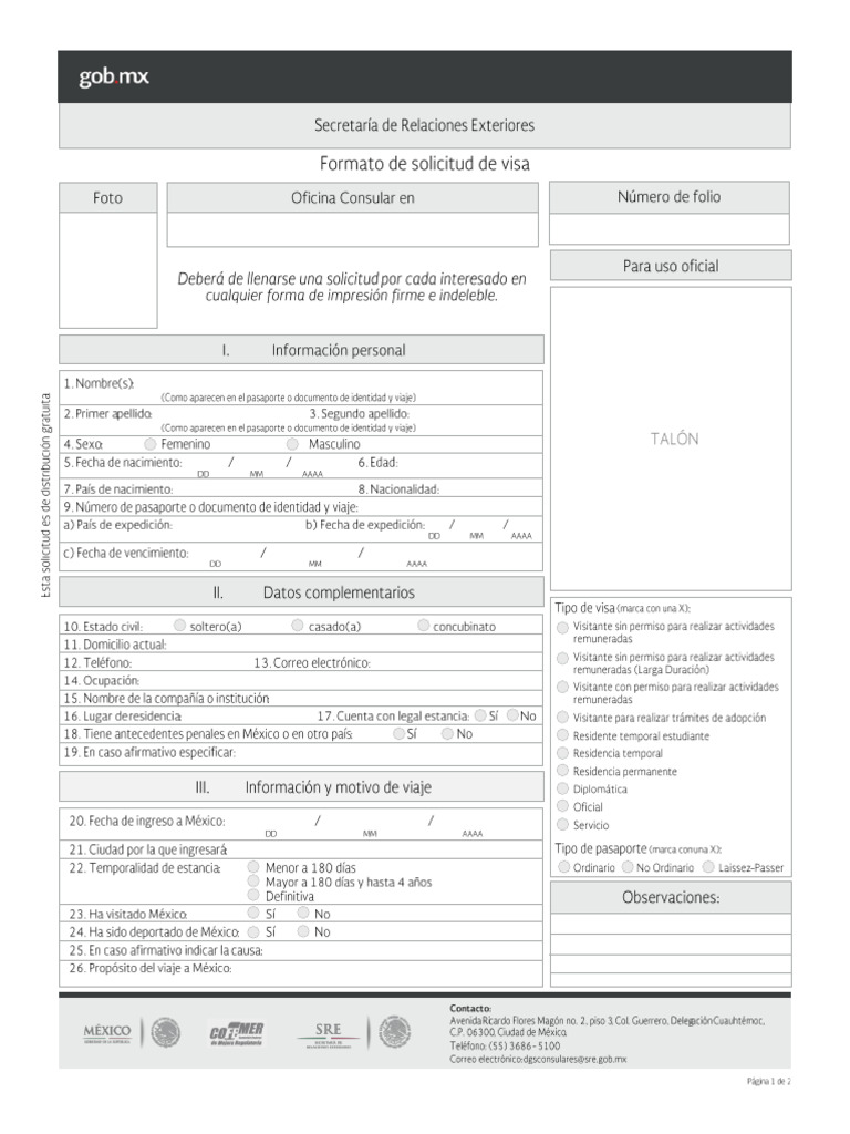 Formato de Solicitud Visa - Espanol 2022 | PDF