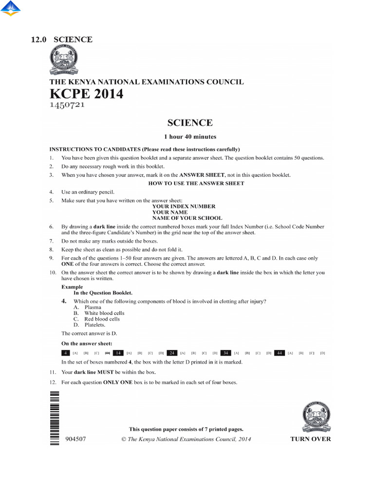 Science Question Paper Kcpe 2014 | PDF
