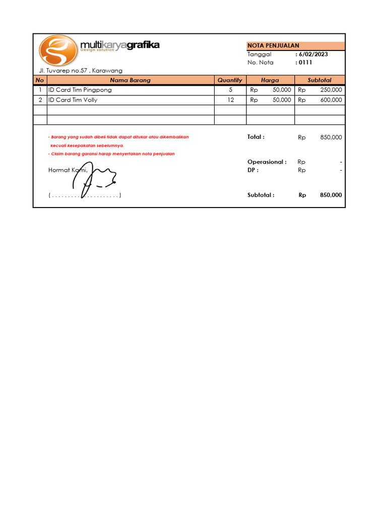 Nota Penjualan ID Card Tim Olahraga | PDF