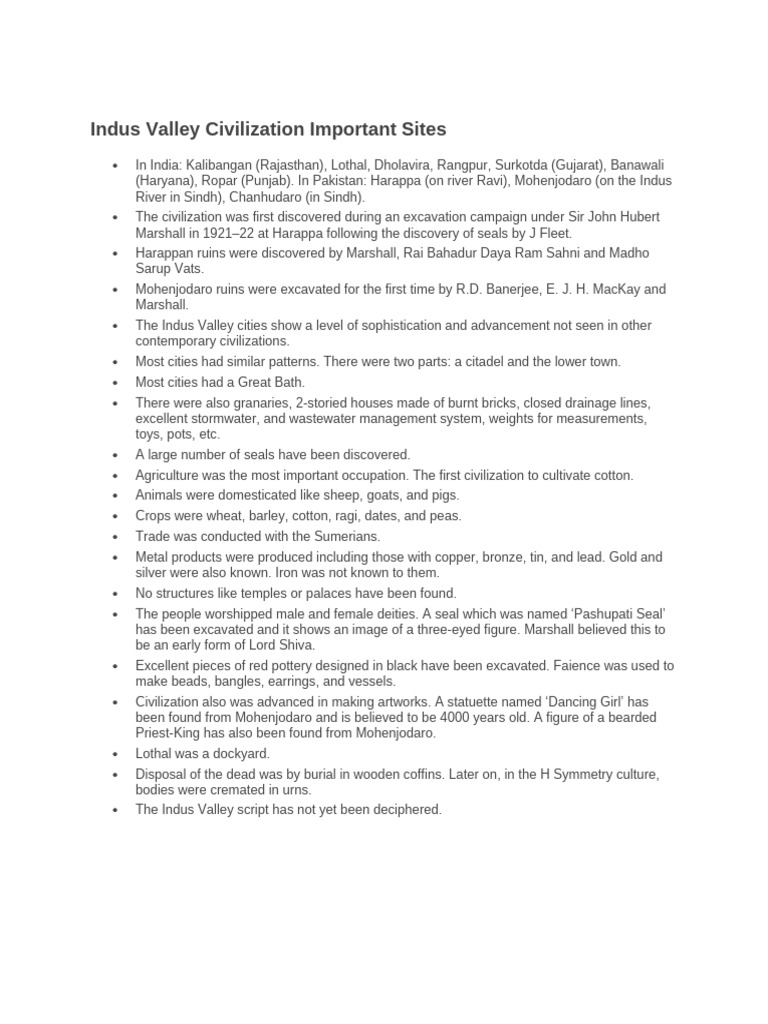 Indus Valley Civilization Important NOTES FOR CLASS 12 | PDF