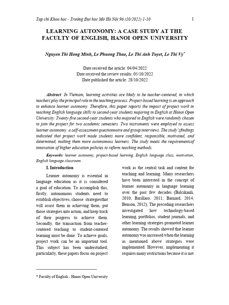 Learning Autonomy A Case Study at The Faculty of English, Hanoi Open University | PDF | Learning ...