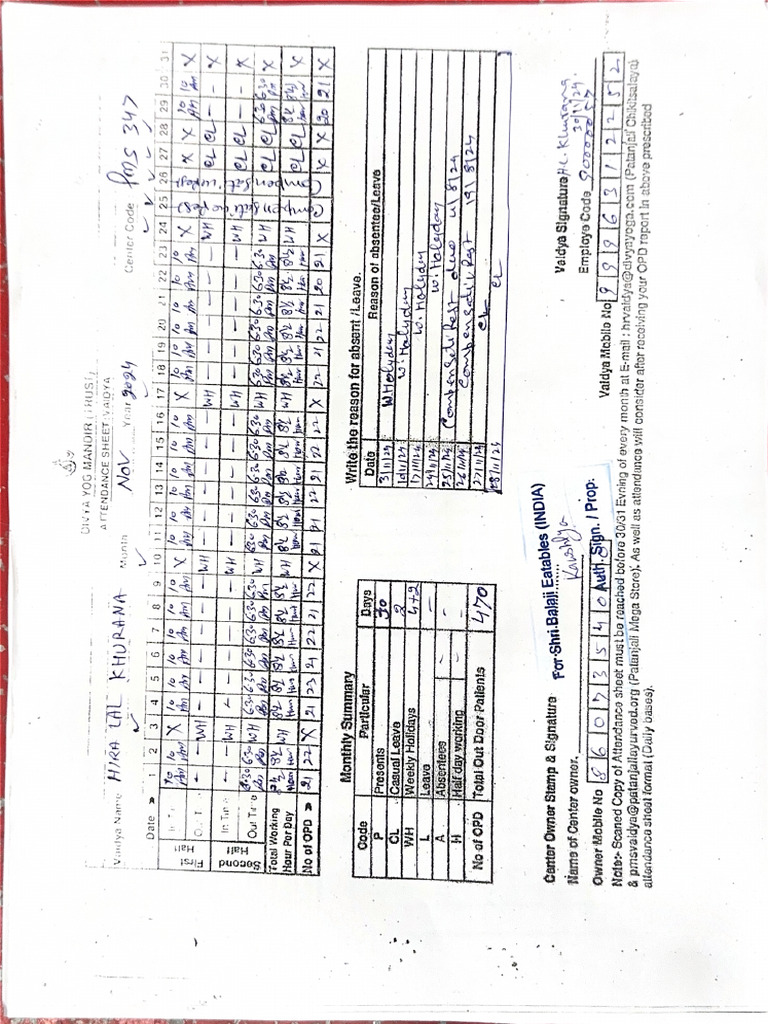 Vaidya Attendance Nov 2024 | PDF